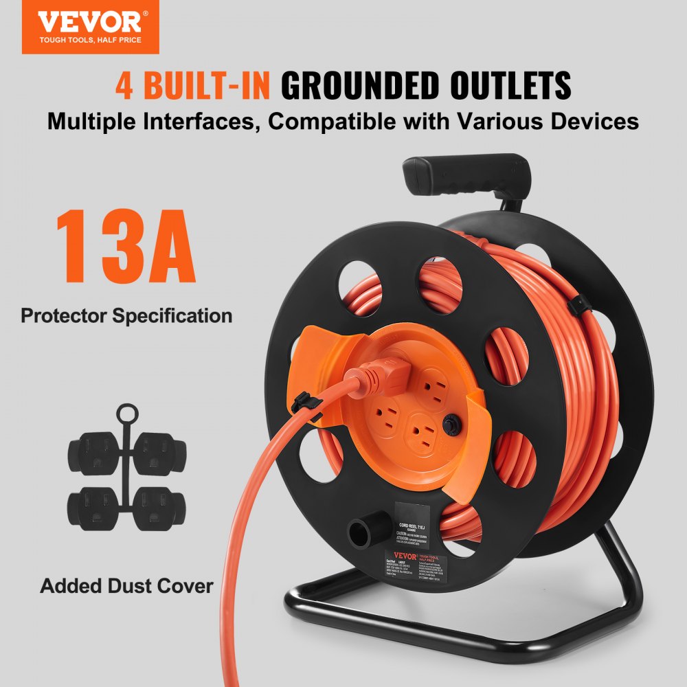 VEVOR Extension Cord Reel, 100FT, with 4 Outlets and Dust Cover, Heavy ...