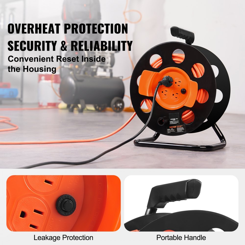 VEVOR Extension Cord Reel, 100FT, with 4 Outlets and Dust Cover, Heavy ...