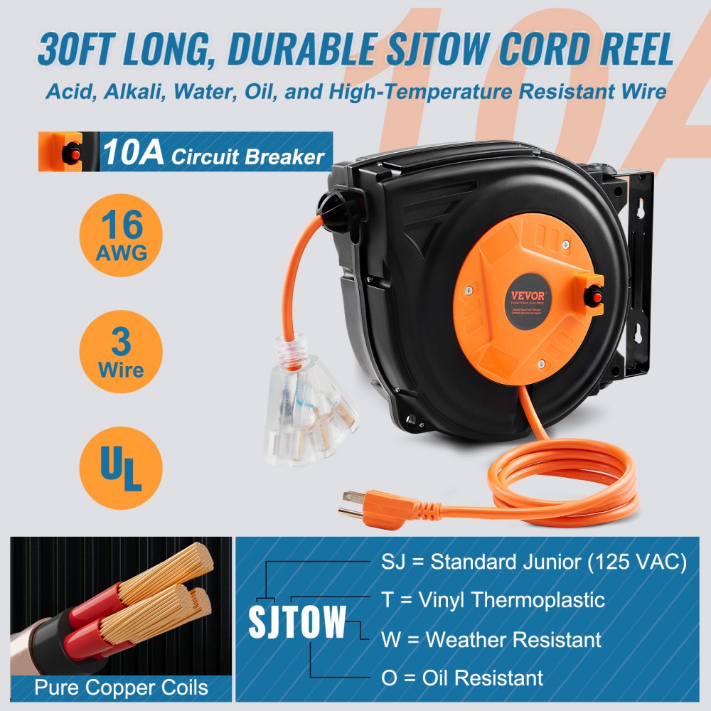 VEVOR Retractable Extension Cord Reel, 30 FT, Heavy Duty 16AWG/3C SJTOW Power Cord, with Lighted ...