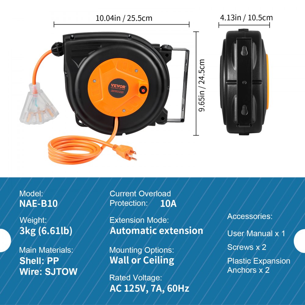 VEVOR Retractable Extension Cord Reel, 30 FT, Heavy Duty 16AWG/3C SJTOW Power Cord, with Lighted ...