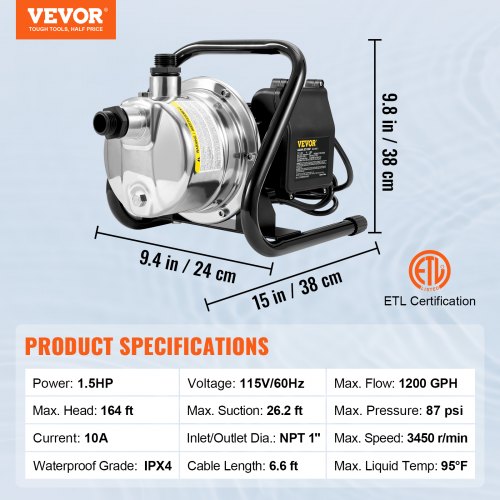 VEVOR Shallow Well Pump Portable Garden Water Jet Pump 1.5HP 1200GPH ...
