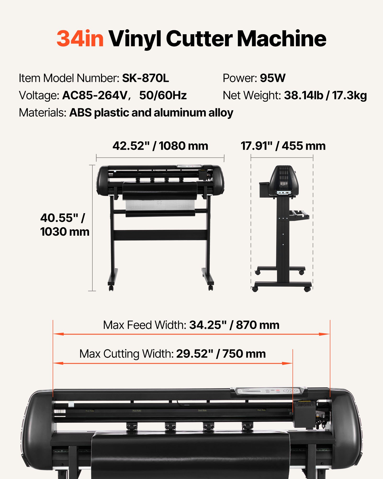 VEVOR Vinyl Cutter Machine, 34 inch Max Feed Width, Dual Blades, Adjustable Force and Speed, LED ...
