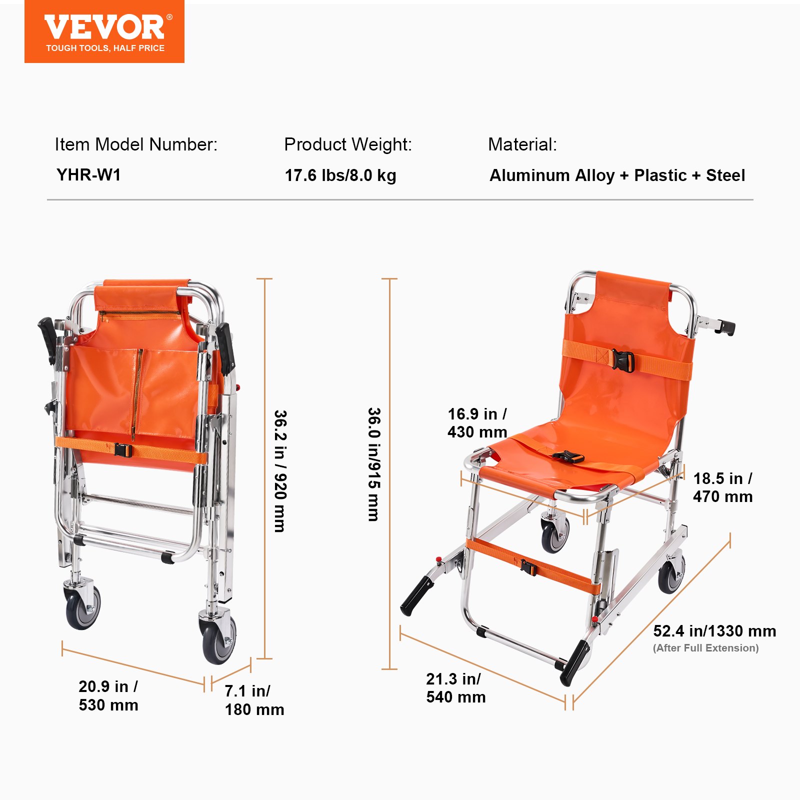 VEVOR EMS Stair Chair, 159 kg Load Capacity, Foldable Aluminum ...