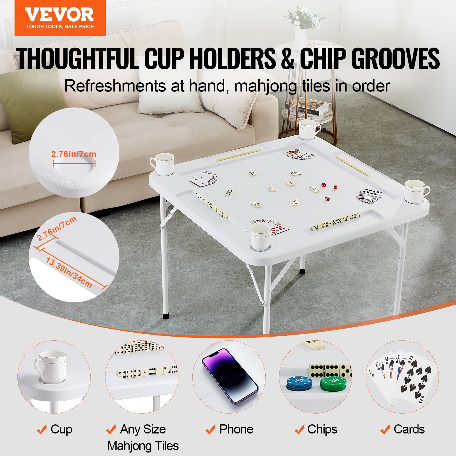 VEVOR Mahjong Table 4 Player Folding Card Table & 4 Cup Holders Chip ...