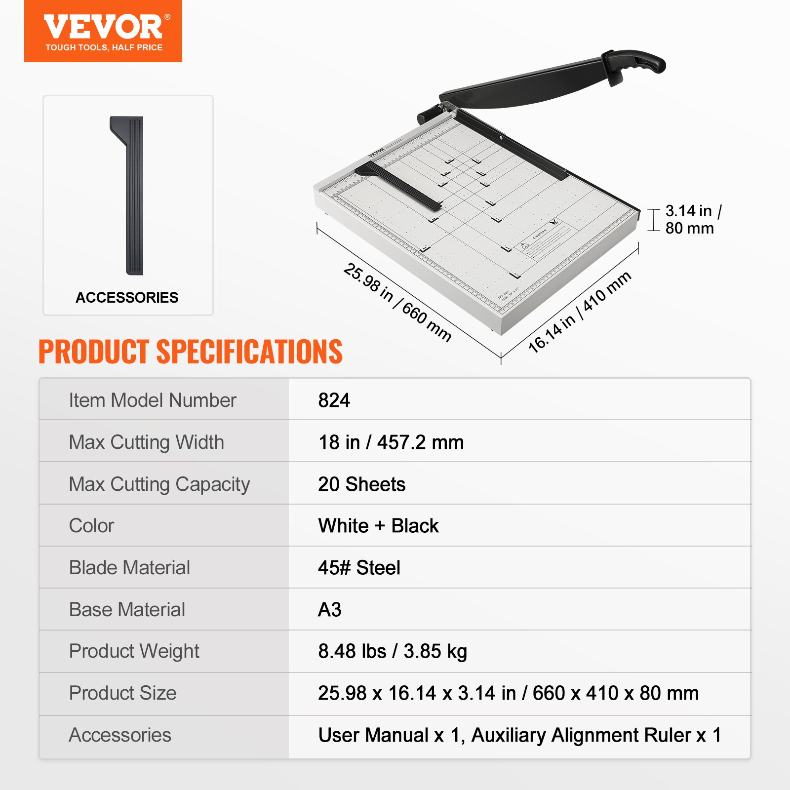 VEVOR Paper Cutter, Guillotine Trimmer, 18" Cut Length, 20 Sheets ...