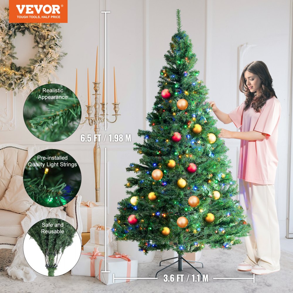 VEVOR Christmas Tree, 6.5ft Prelit Artificial Xmas Tree, Full Holiday ...