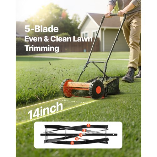 14" Manual Push Reel Lawn Mower 5-Blade Adjustable Height Grass Catcher ...