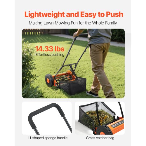 14" Manual Push Reel Lawn Mower 5-Blade Adjustable Height Grass Catcher ...