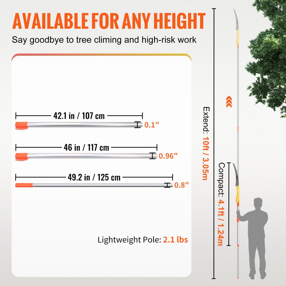 VEVOR Tree Pruner Pole Saw 10 ft Extendable Aluminum Pole Sharp Steel ...
