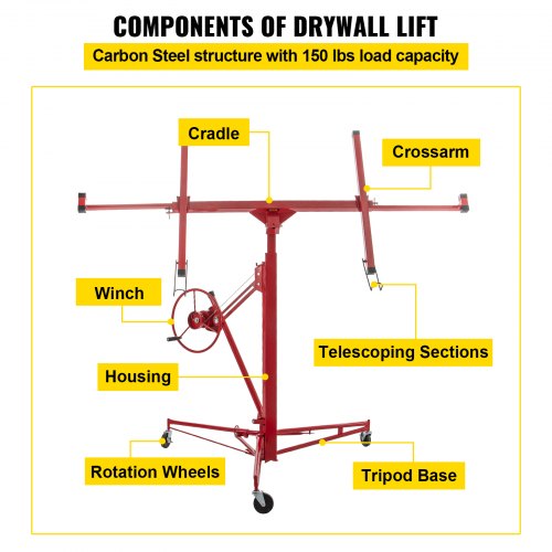 VEVOR Drywall Rolling Lifter Panel 11ft Sheetrock Lift Drywall Lift 150lb Weight Capacity Panel Hoist Jack Tool Steel Material w Telescopic Arm 3 Lockable Wheels 48x192 in Plasterboard Size VEVOR EU