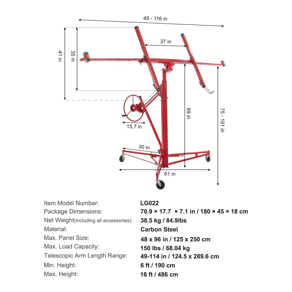 VEVOR Drywall Rolling Lifter Panel, 16ft Sheetrock Lift Drywall Lift ...