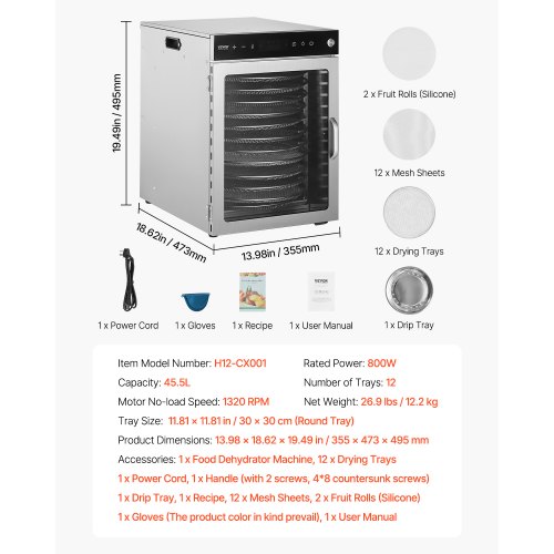 12 Trays Rotary Food Dehydrator Machine Stainless Steel 800W Jerky ...
