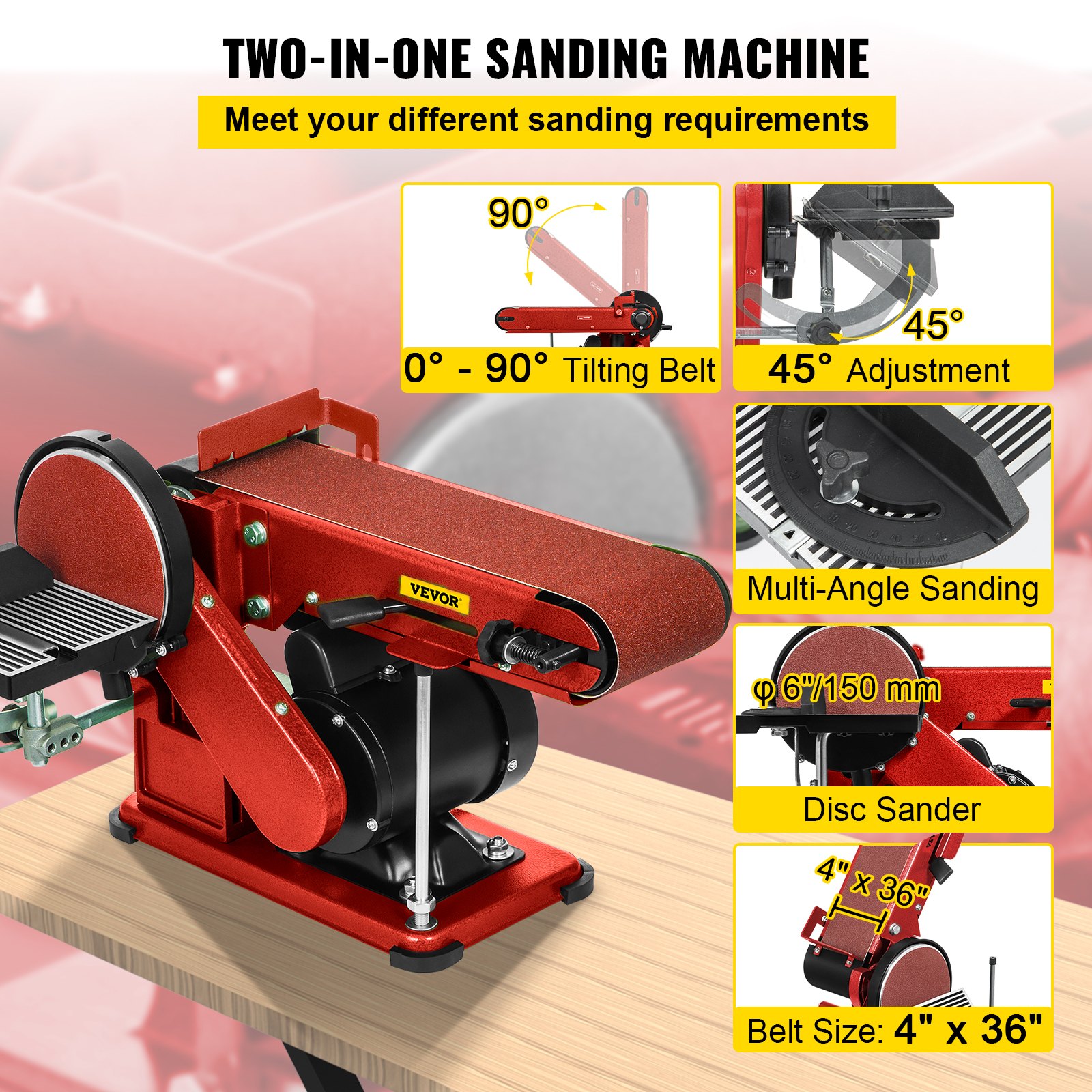 VEVOR Belt Disc Sander 4x36inch and 6inch Disc, Benchtop Disc Sander ...