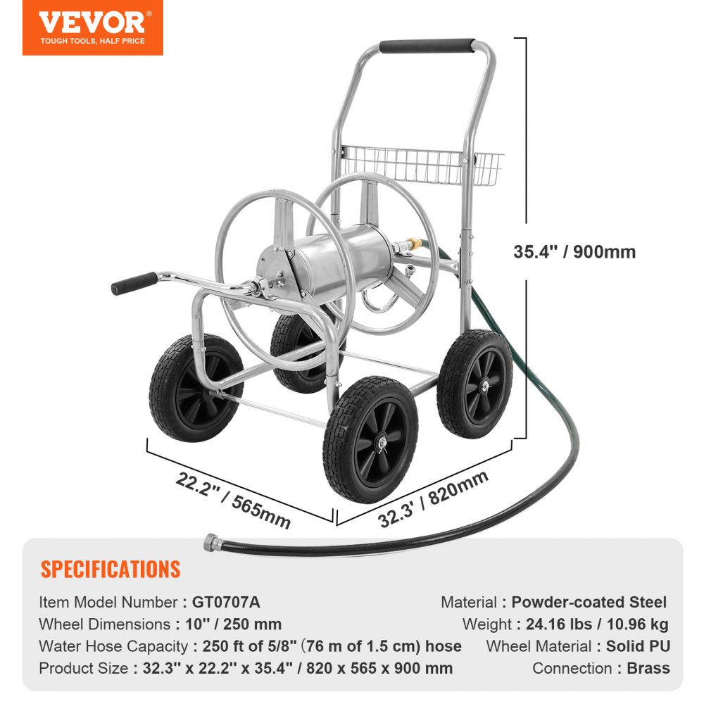 VEVOR Hose Reel Cart, Hold Up to 250 ft of 5/8’’ Hose, Garden Water ...
