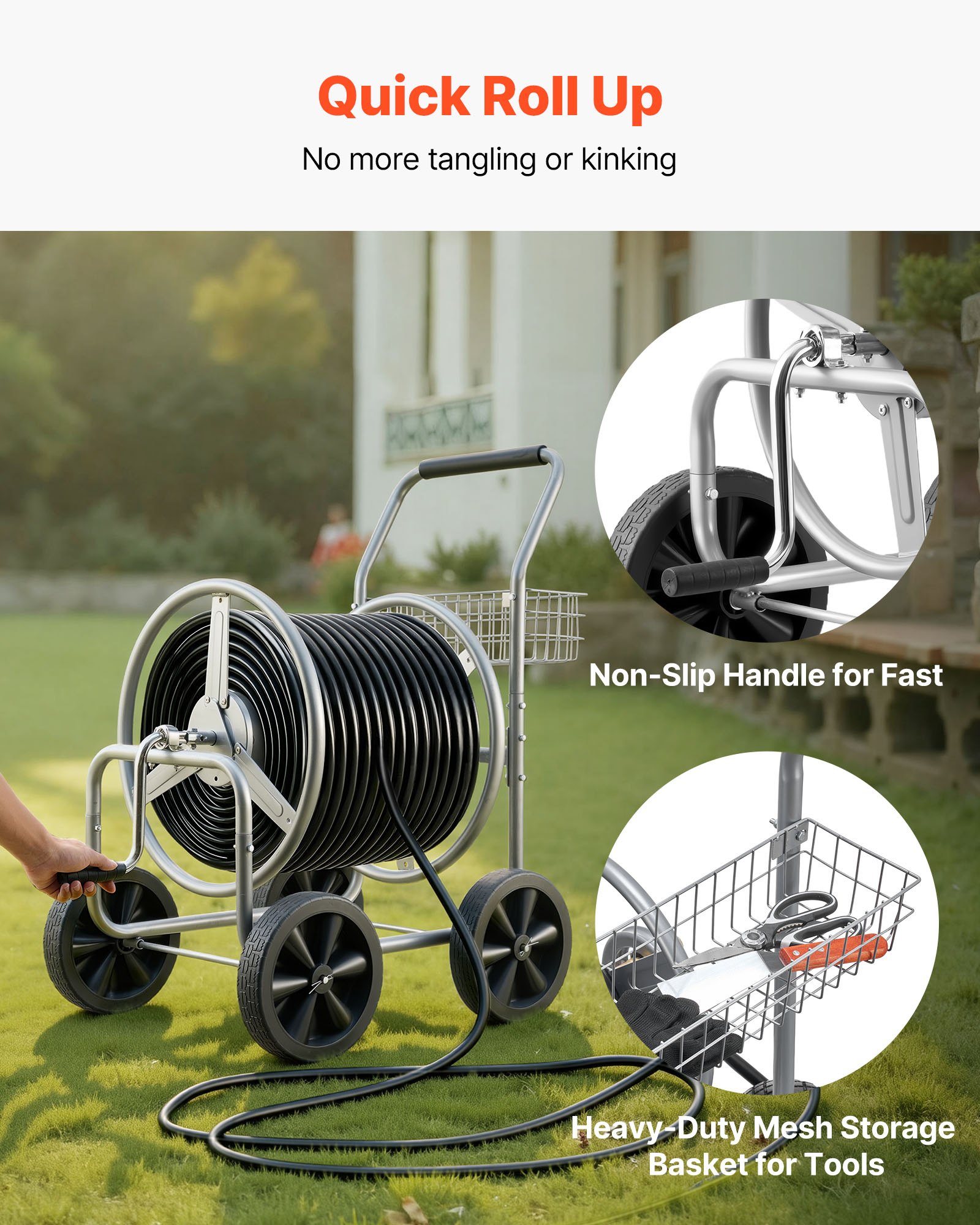 VEVOR Hose Reel Cart, Hold Up to 250 ft of 5/8’’ Hose, Garden Water ...