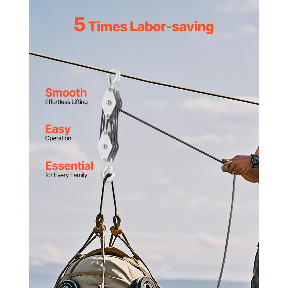 4400 lbs Rope Hoist Pulley System Block and Tackle 5:1 Lifting Ratio ...