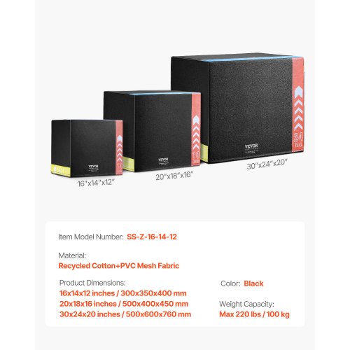 VEVOR 3 in 1 Plyometric Jump Box, 16/14/12 Inch Cotton Plyo Box ...