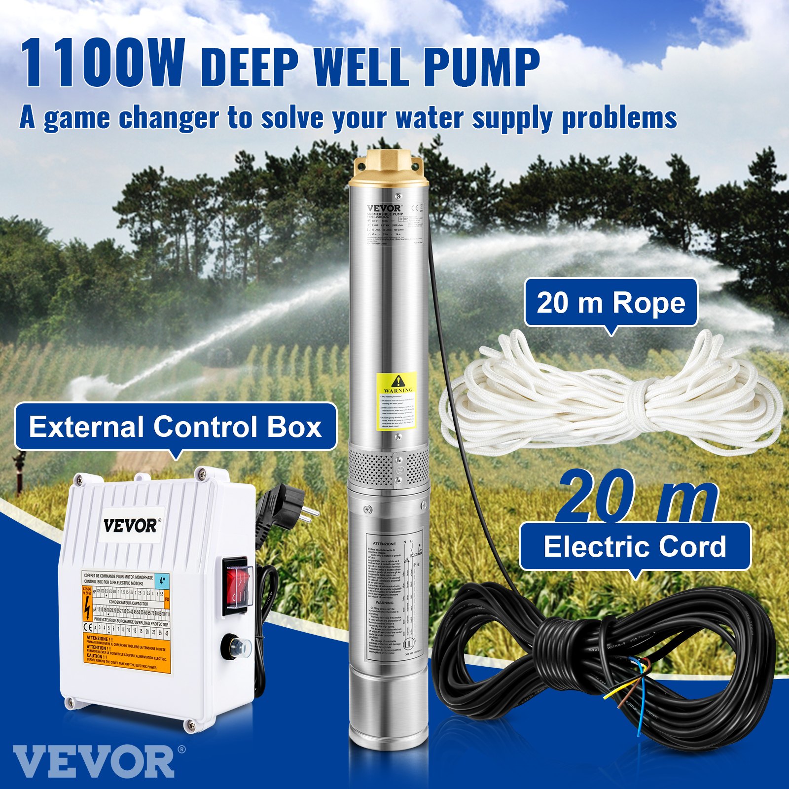 VEVOR Deep Well Submersible Pump, 1100W 230V/50Hz, 190L/min 57 m Head, with 20 m Cord & External ...