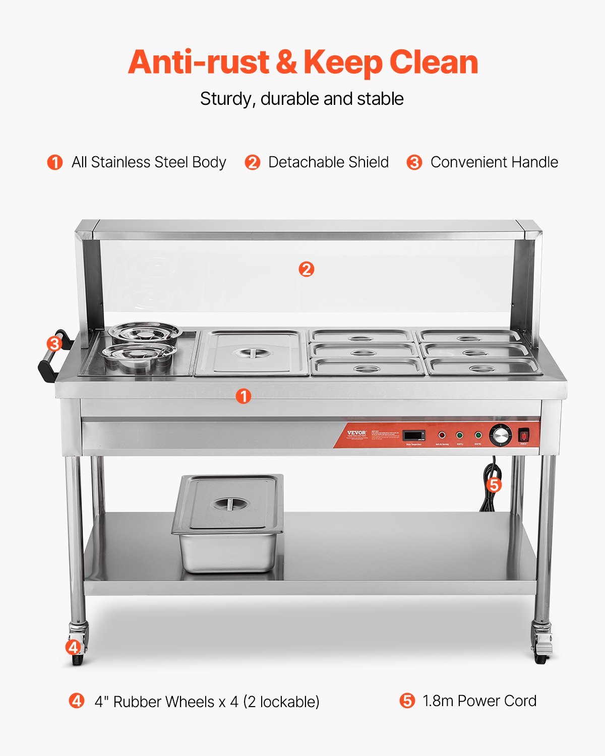 7 Pans + 2 Pots Commercial Food Warmer Steam Table with Undershelf ...