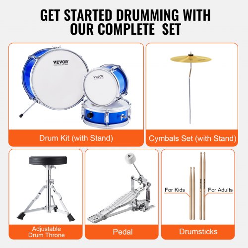 VEVOR Kids Drum Set, 3-Piece, 14 in Beginner Drum Set with Adjustable ...