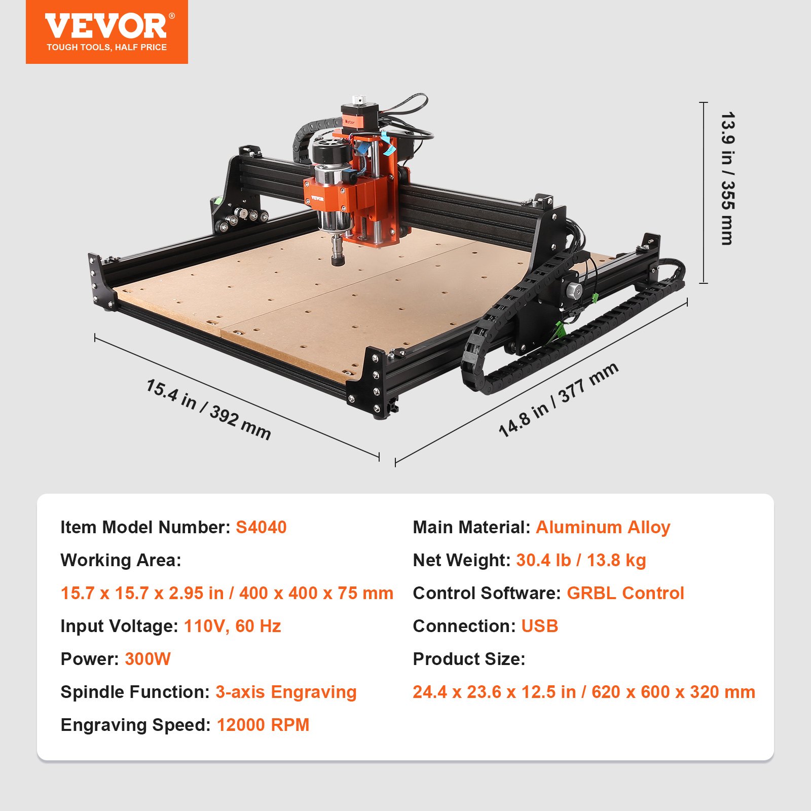 VEVOR CNC Router Machine, 300W, 3 Axis GRBL Control Wood Engraving Carving Milling Machine Kit ...