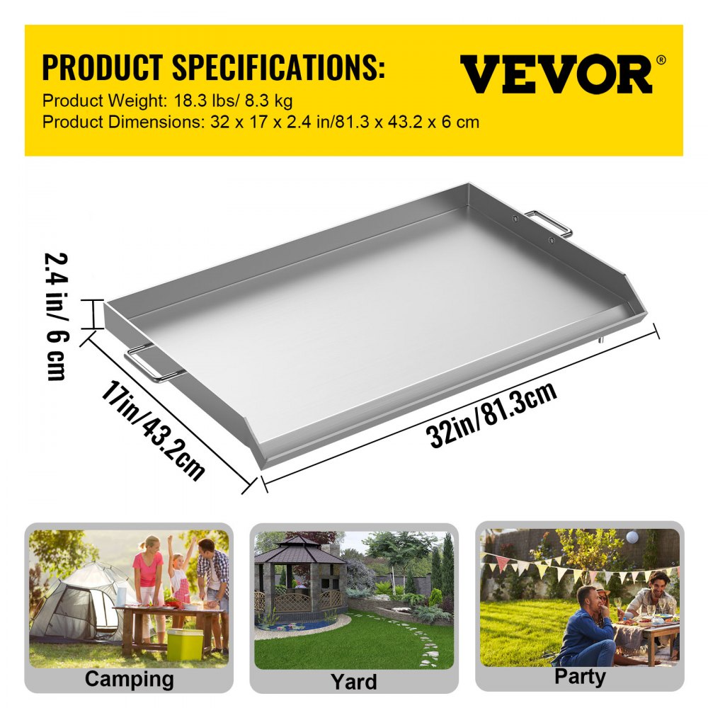 VEVOR Stainless Steel Griddle,32\" X 17\" Universal Flat Top ...