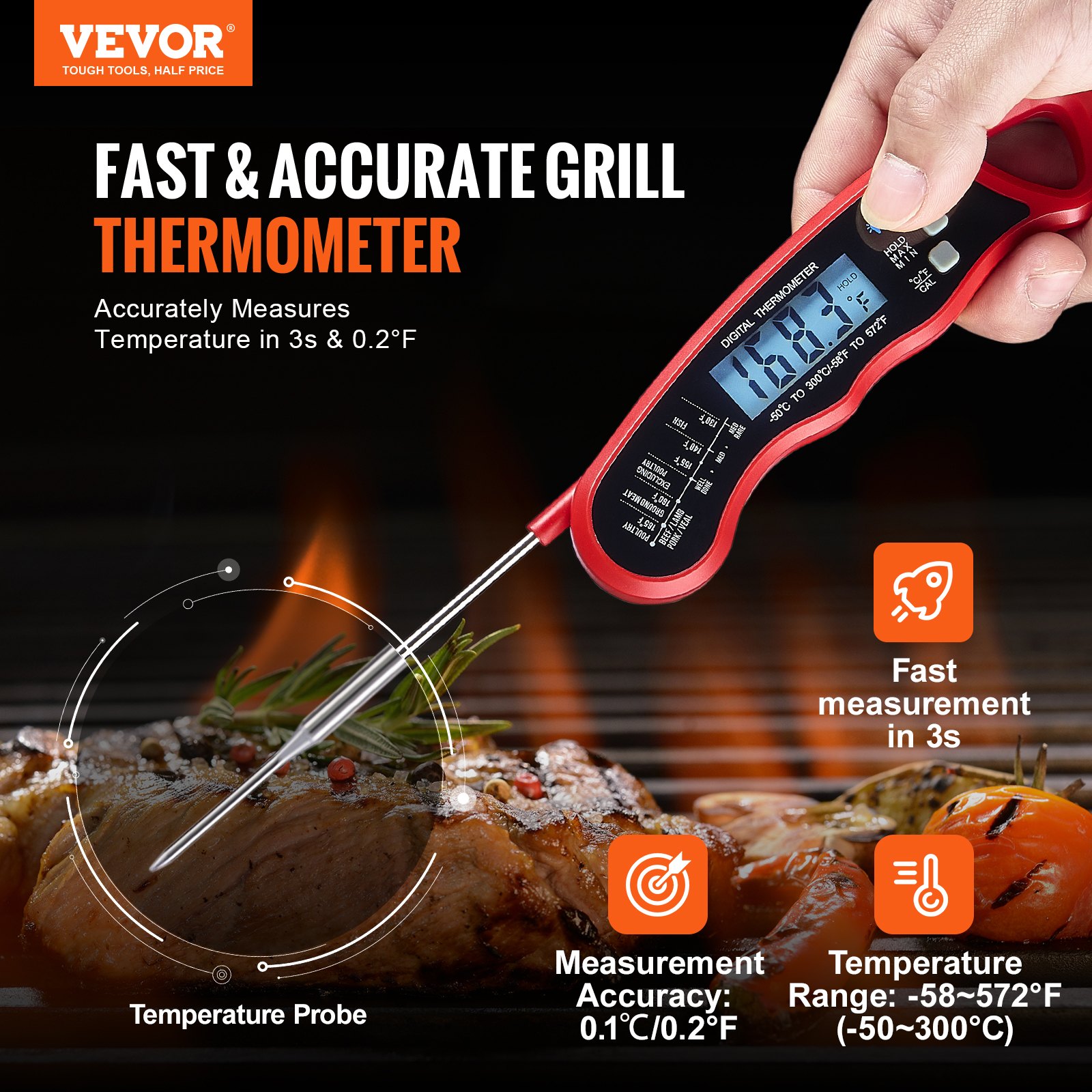 VEVOR Grillers Instant Read Meat Thermometer for Grill and Cooking ...