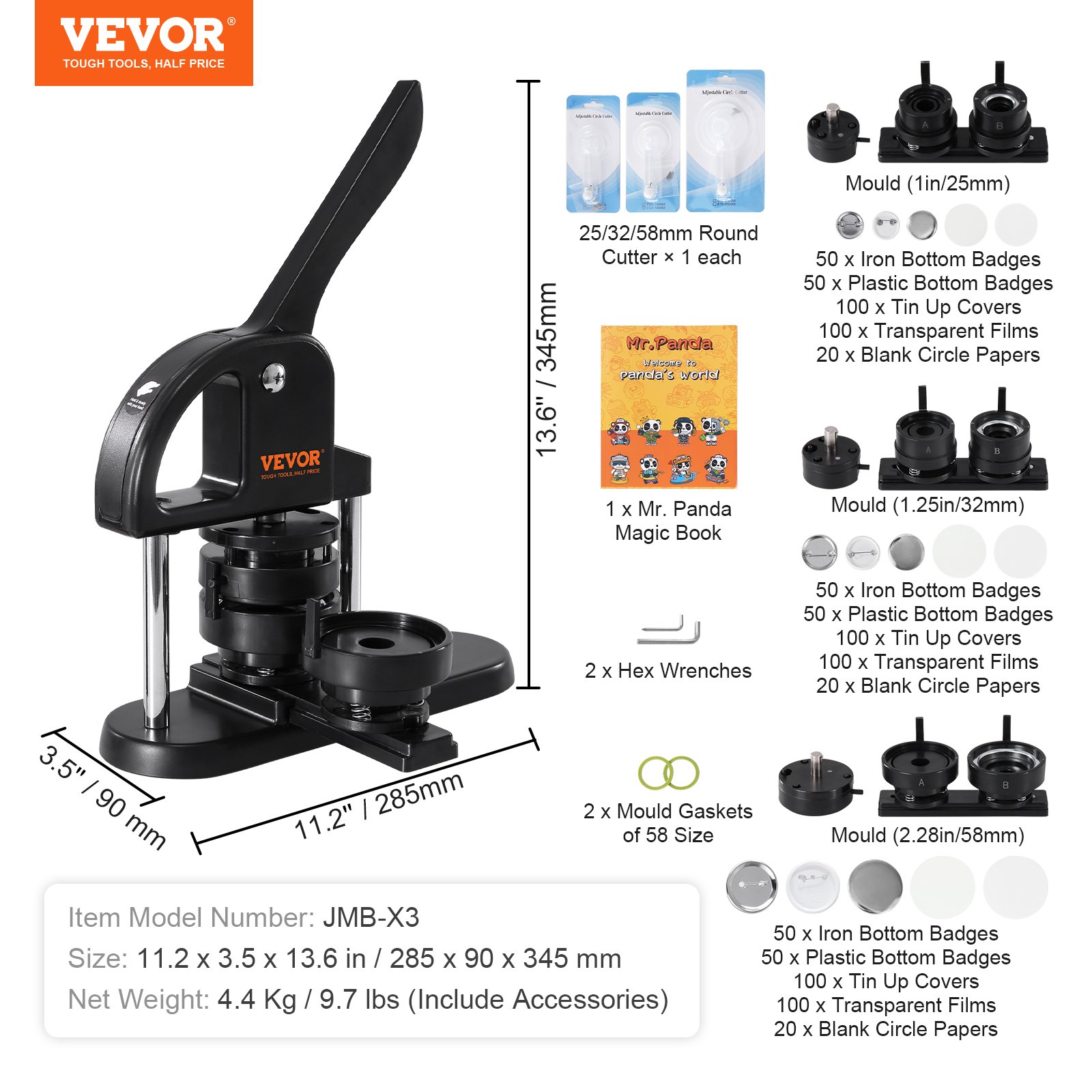 VEVOR Button Maker Machine, 1/1.25/2.28 inch(25/32/58mm) 3-in-1 Pin ...