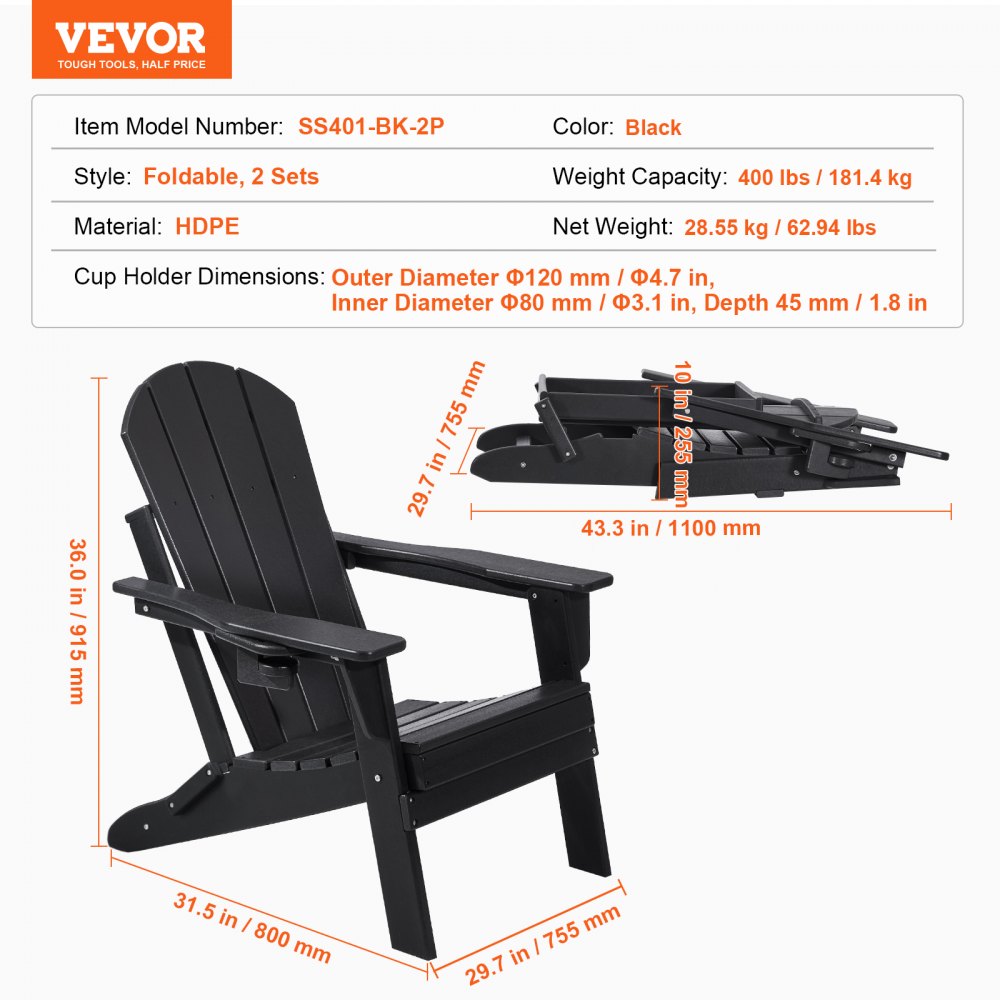 VEVOR Adirondack Chair Plastic, Set of 2 All-Weather Portable Folding ...
