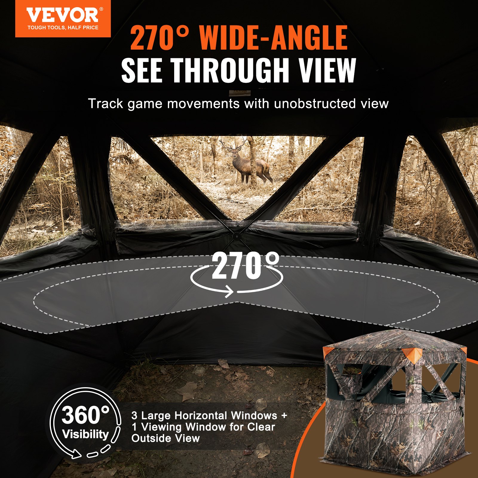 VEVOR Hunting Blind, 270° See Through Ground Blind, 1-2 Person Pop Up ...