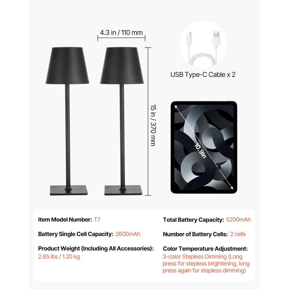 VEVOR Cordless Table Lamp, 2-Pack, 5200mAh Built-in Rechargeable ...