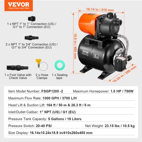 VEVOR 1HP Shallow Well Pump with Pressure Tank 1000GPH Irrigation ...