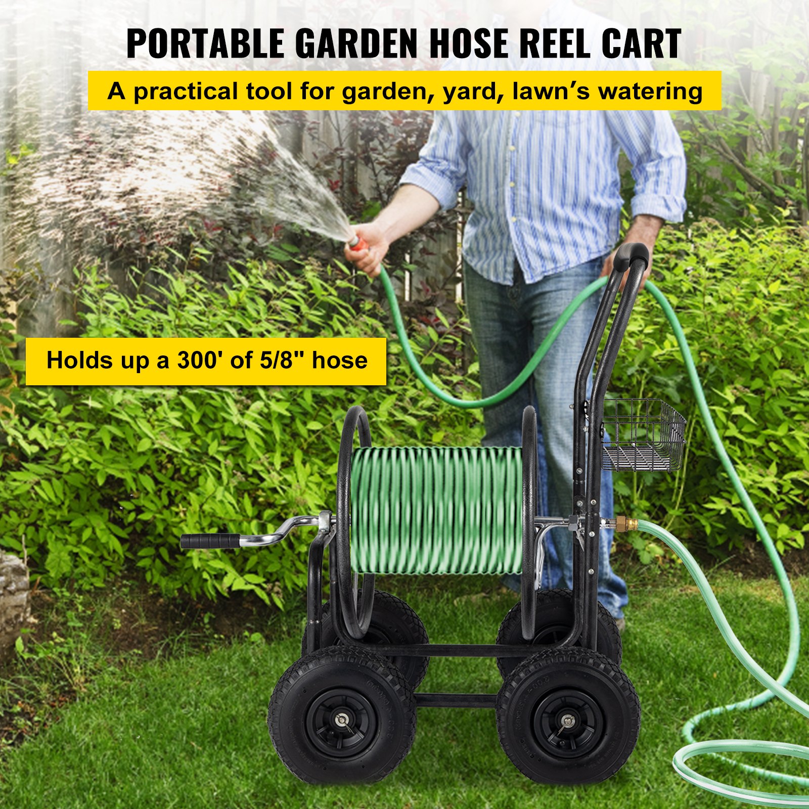 VEVOR Garden Hose Reel Cart, Water Hose Cart w/ 4 Rubber Wheels, Hold ...