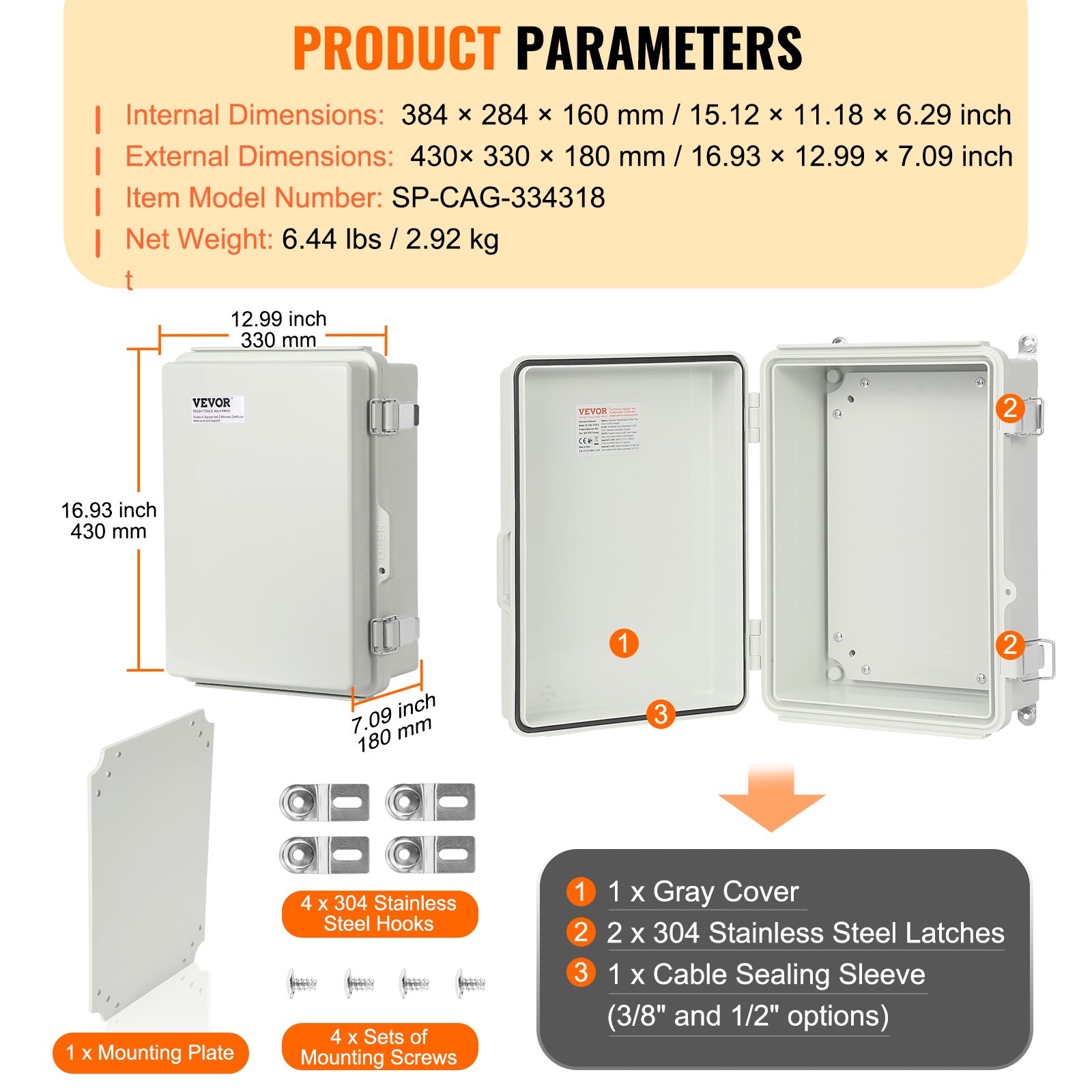 VEVOR Outdoor Electrical Junction Box, 430 x 330 x 180 mm, ABS Plastic ...