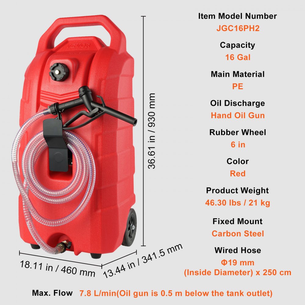 VEVOR 16 Gallon Fuel Caddy, 7.8 L/min, Portable Gas Storage Tank ...
