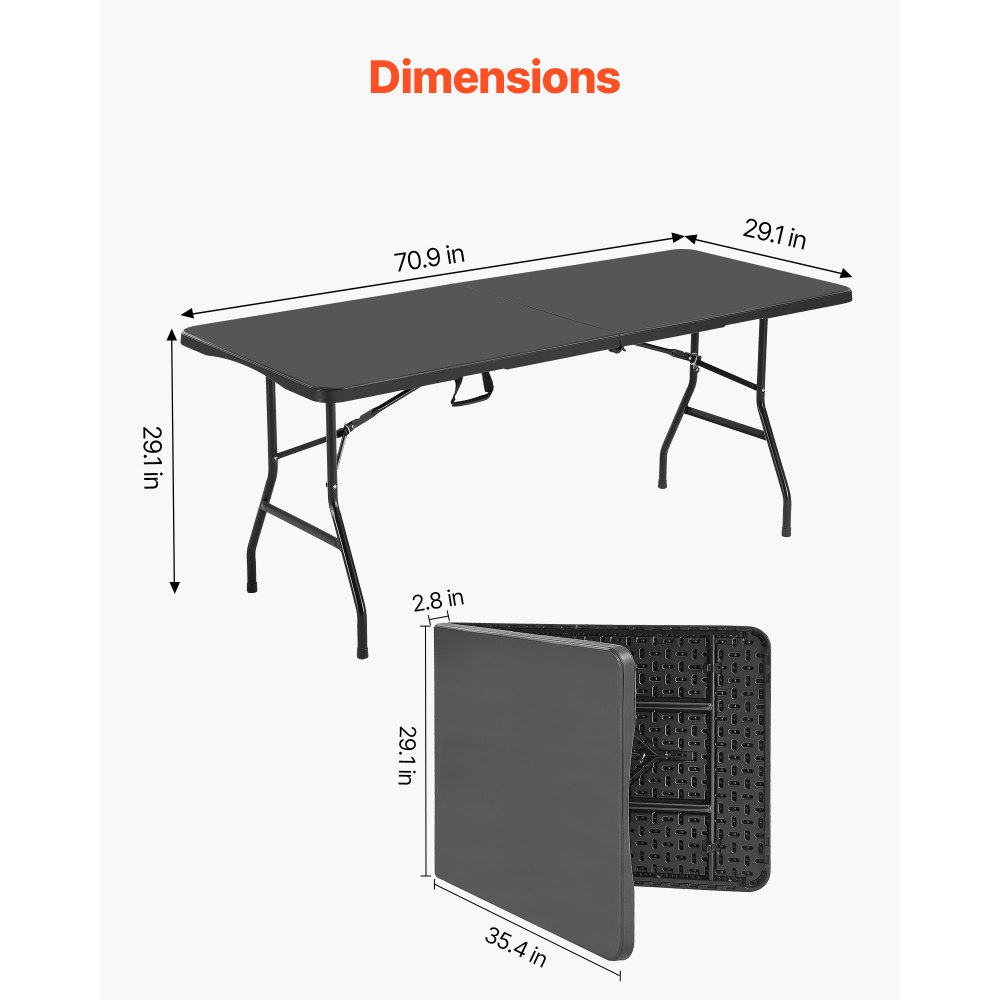 VEVOR 6ft Black Folding Table –Portable Heavy-Duty HDPE Desk
