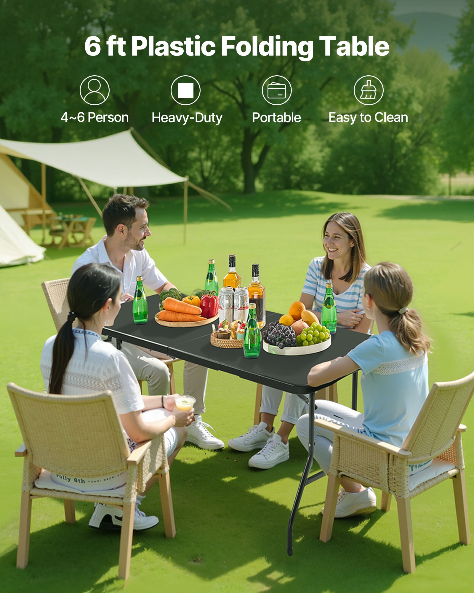 VEVOR 6ft Black Folding Table –Portable Heavy-Duty HDPE Desk