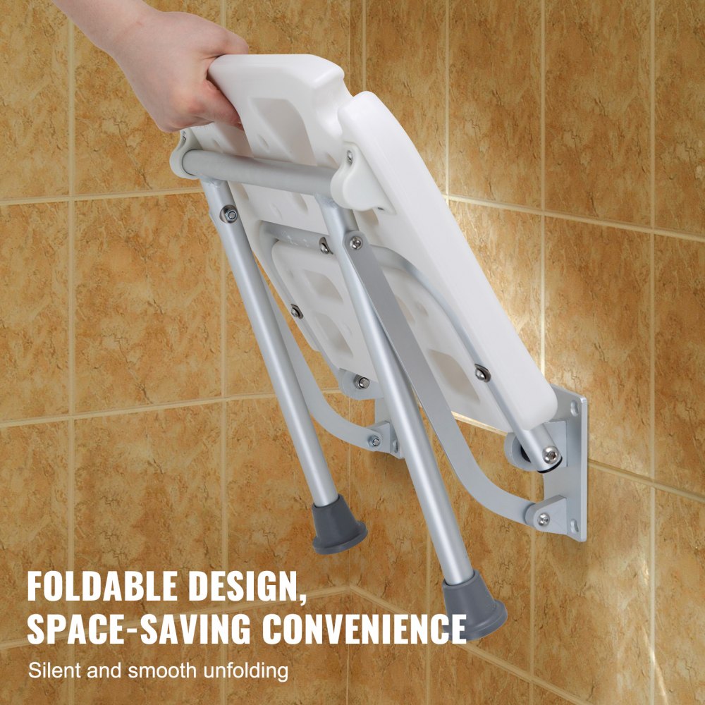 VEVOR Folding PE Shower Seat, 15.7'' x 14.8'' Unfolded, Wall Mounted ...