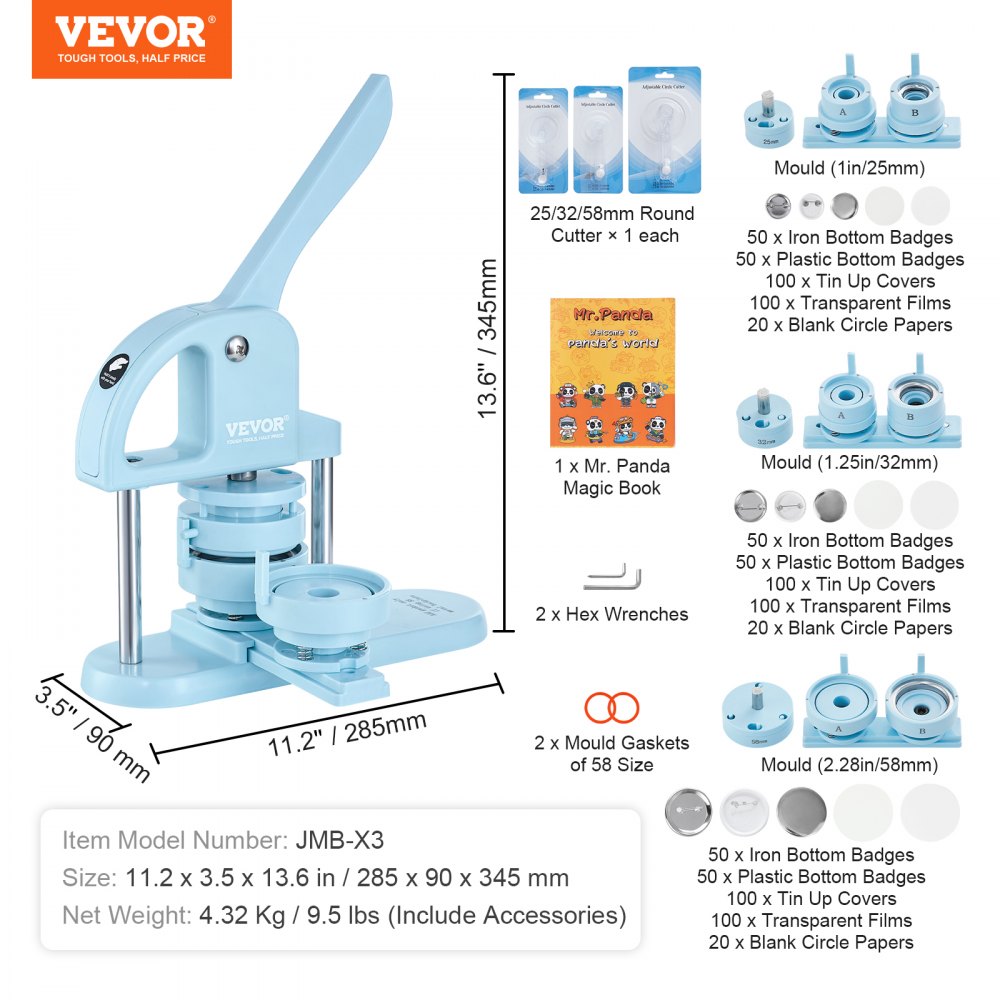 VEVOR 3-IN-1 Button Maker, 1/1.25/2.28 inch(25/32/58mm) Pin Maker ...