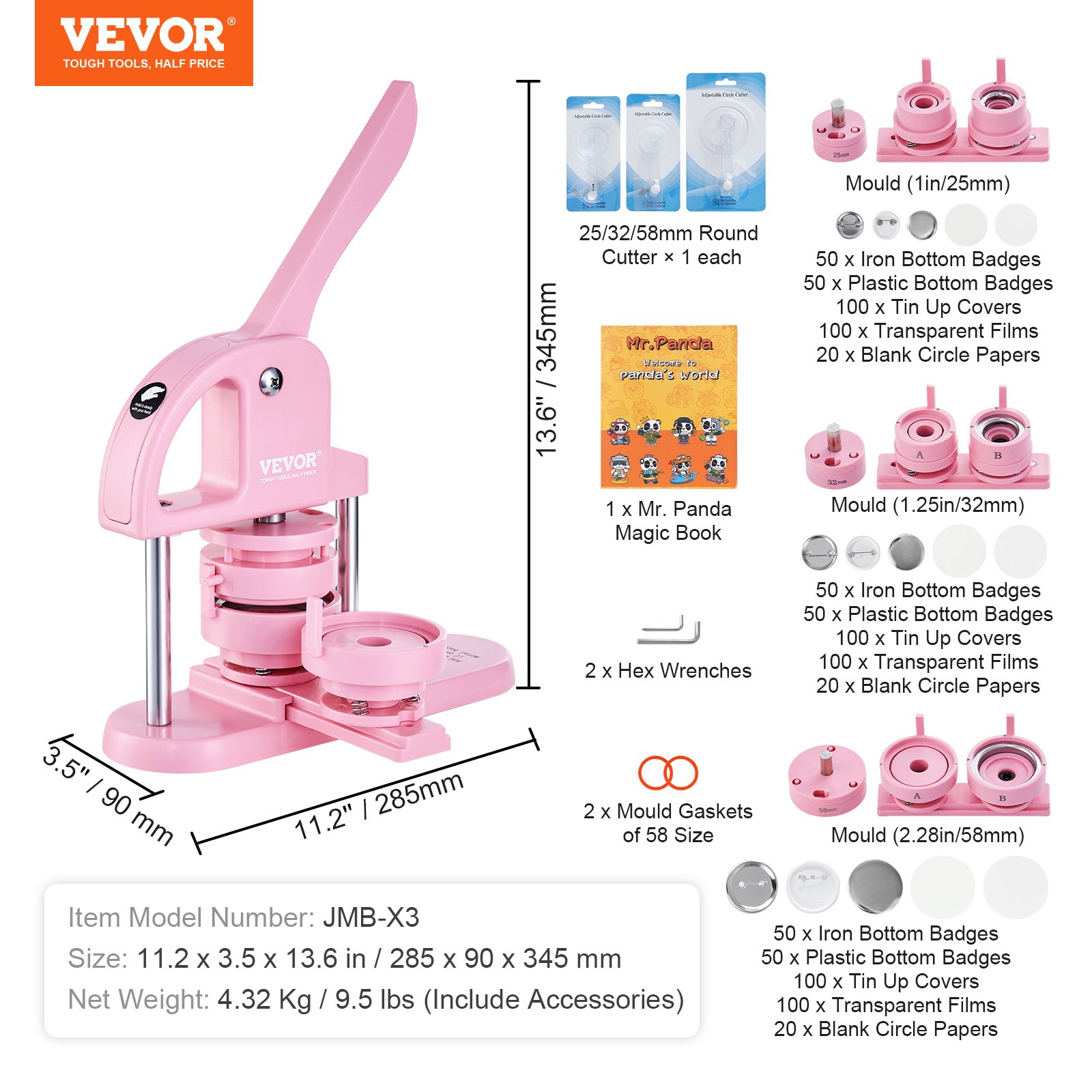 VEVOR 3-IN-1 Button Maker, 1/1.25/2.28 inch(25/32/58mm) Pin Maker ...