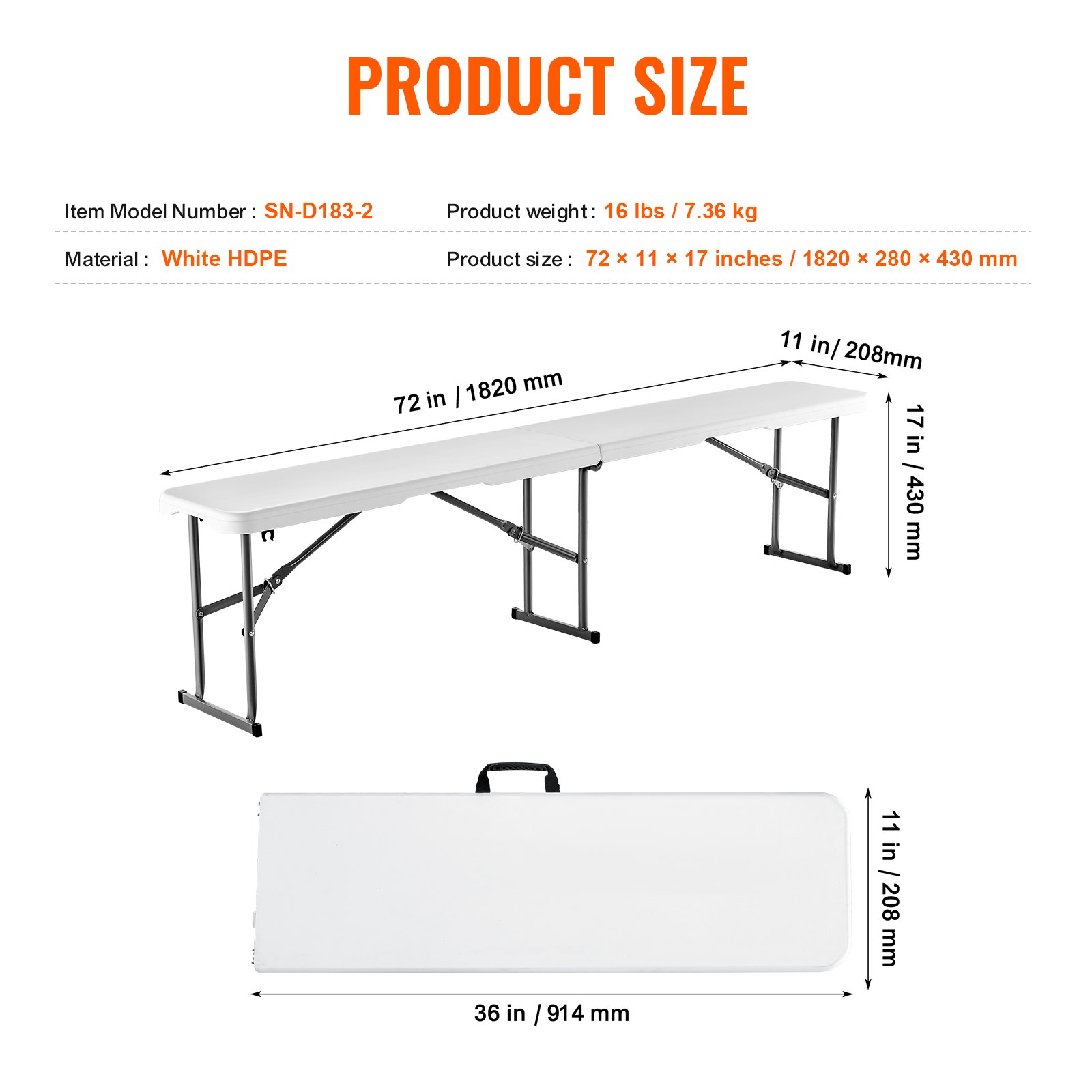 VEVOR 6FT Plastic Folding Bench Portable Outdoor Bench for Picnic ...