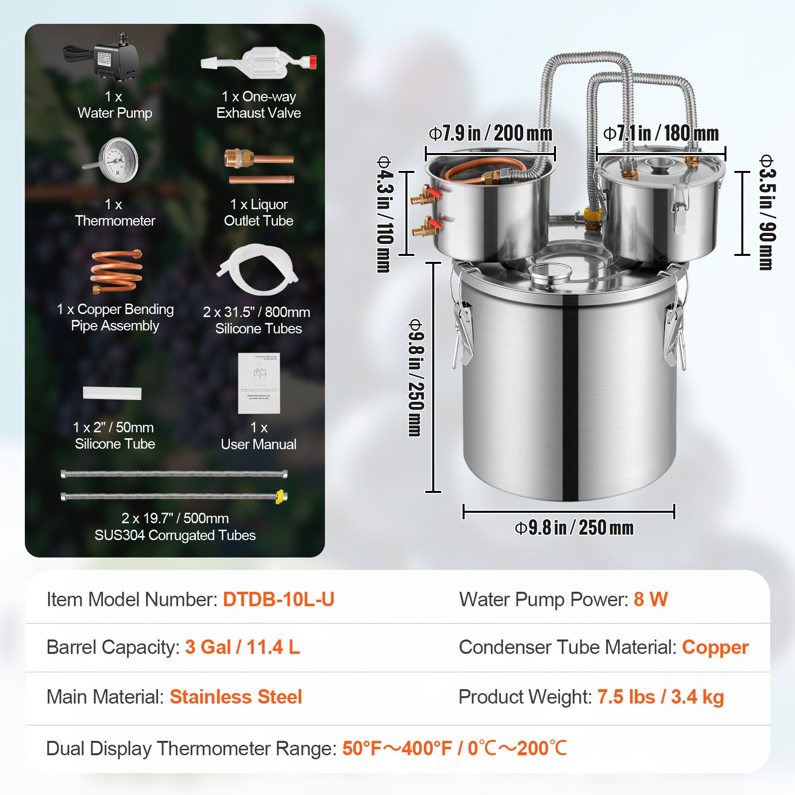 VEVOR Moonshine Still Water Alcohol Distiller 3Gal w/Thumper Keg & 8W ...