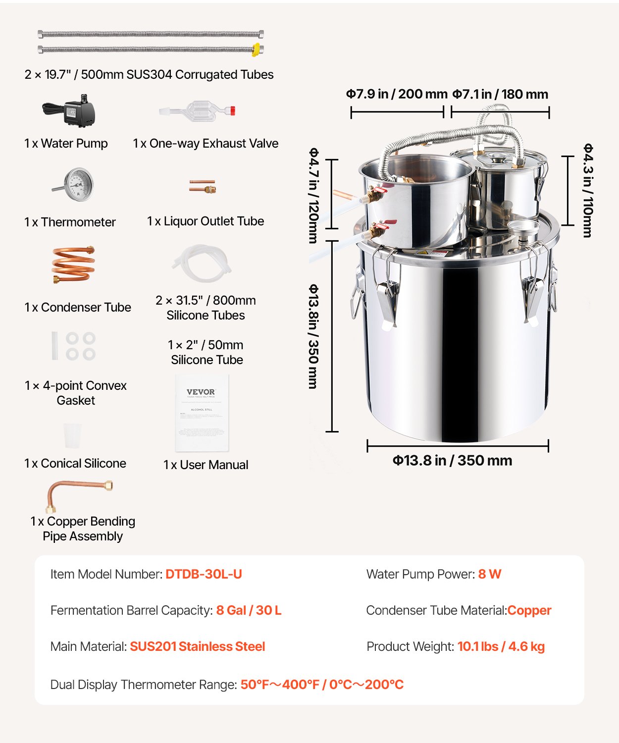VEVOR 8 Gallon Still - Dual Condenser, 30 L, Multiple Sizes