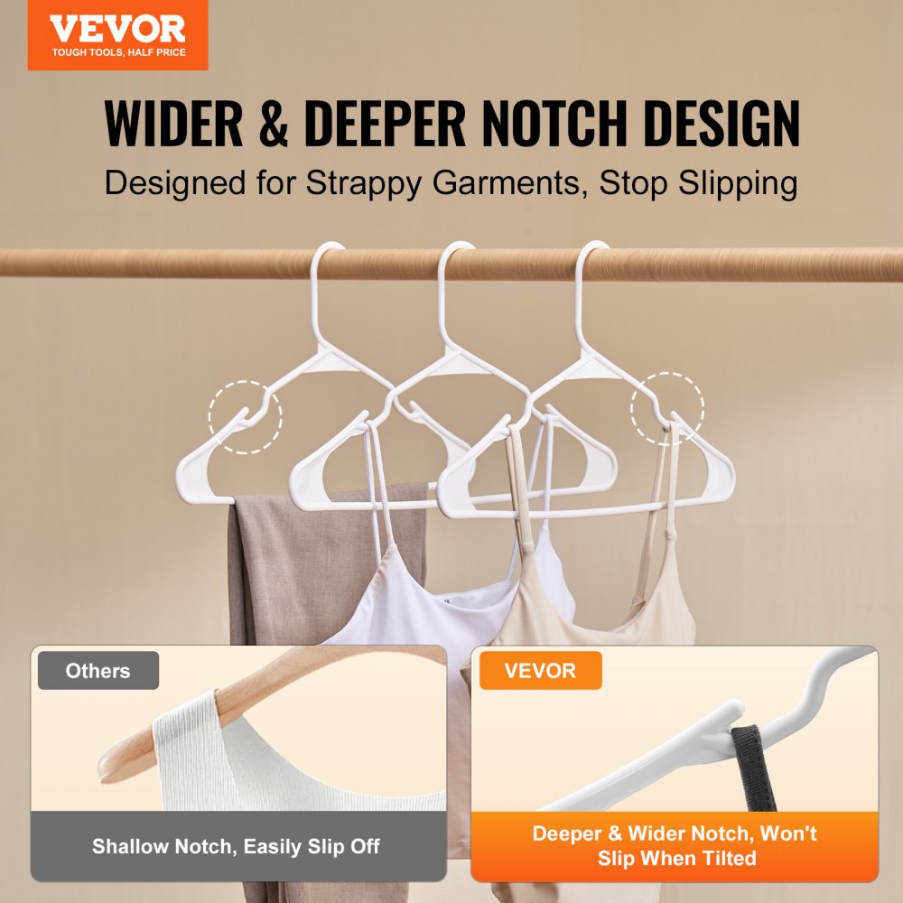 VEVOR Hangers, 0.2 in Ultra-Thin, 50 Pack White Plastic Hangers with ...