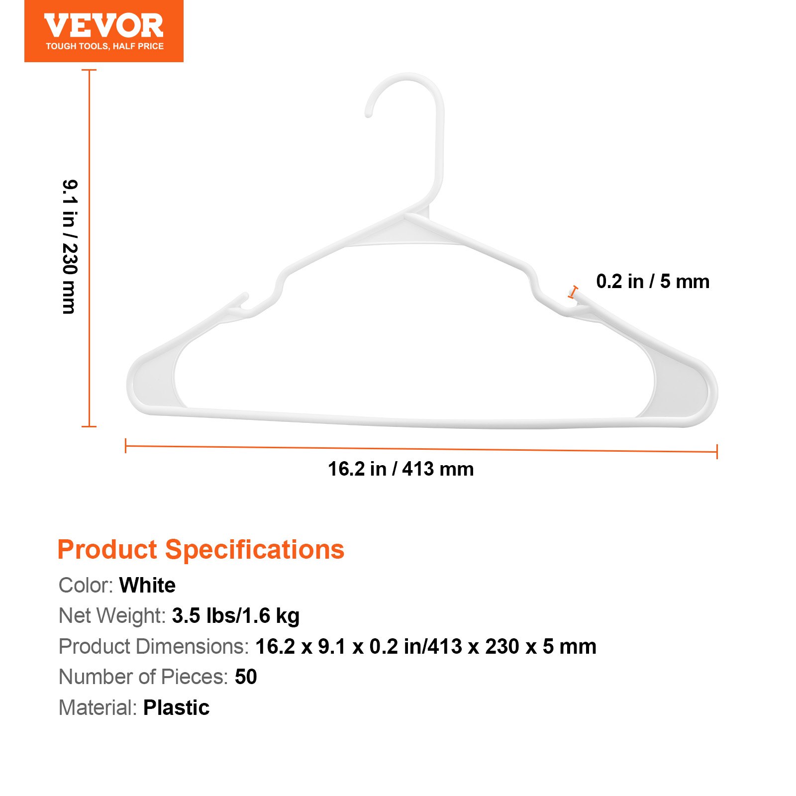 VEVOR Hangers, 0.2 in Ultra-Thin, 50 Pack White Plastic Hangers with ...