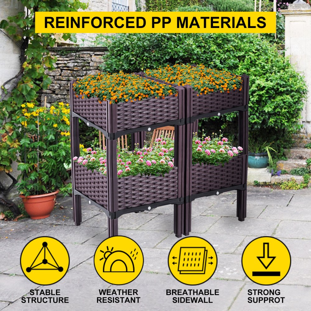 VEVOR Plastic Raised Garden Bed, 15.7H Flower Box Kit, Brown Rattan ...