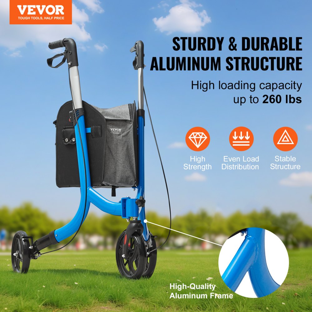 VEVOR 3 Wheels Rollator Walker for Seniors, Lightweight Aluminum ...