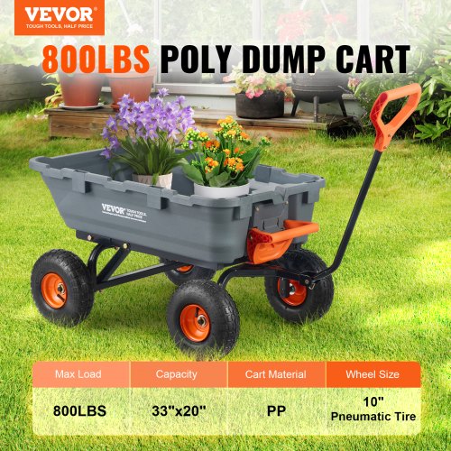 VEVOR Dump Cart Poly Garden Dump Cart with Easy to Assemble Steel Frame Dump Wagon with 2 in 1 Convertible Handle Utility Wheelbarrow 362.88kg