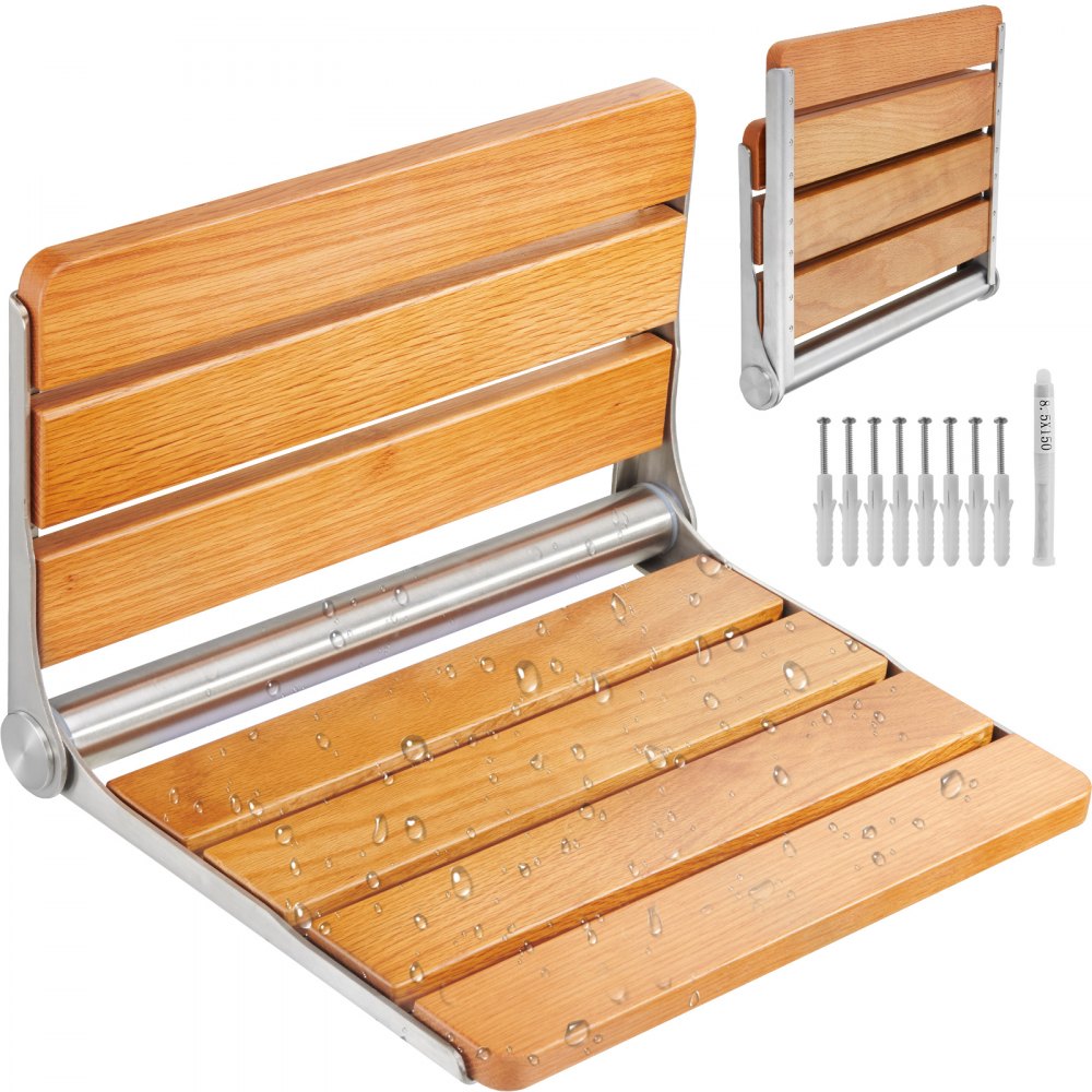 VEVOR Folding Oak Shower Seat, 16.1" x 13.4" Unfolded, Wall Mounted ...