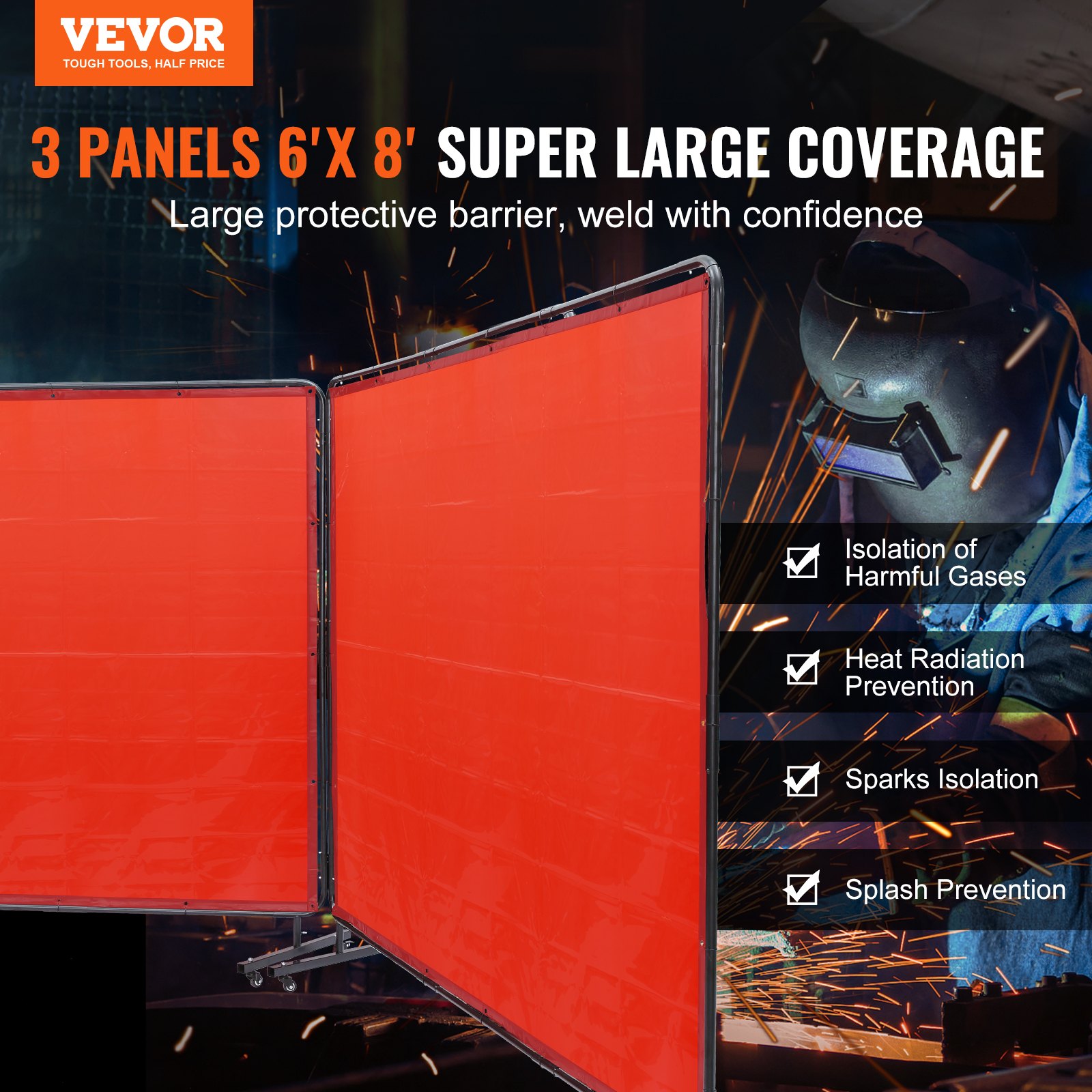 VEVOR Welding Screen with Frame, 1.8 x 2.4 m 3 Panel Welding Curtain ...